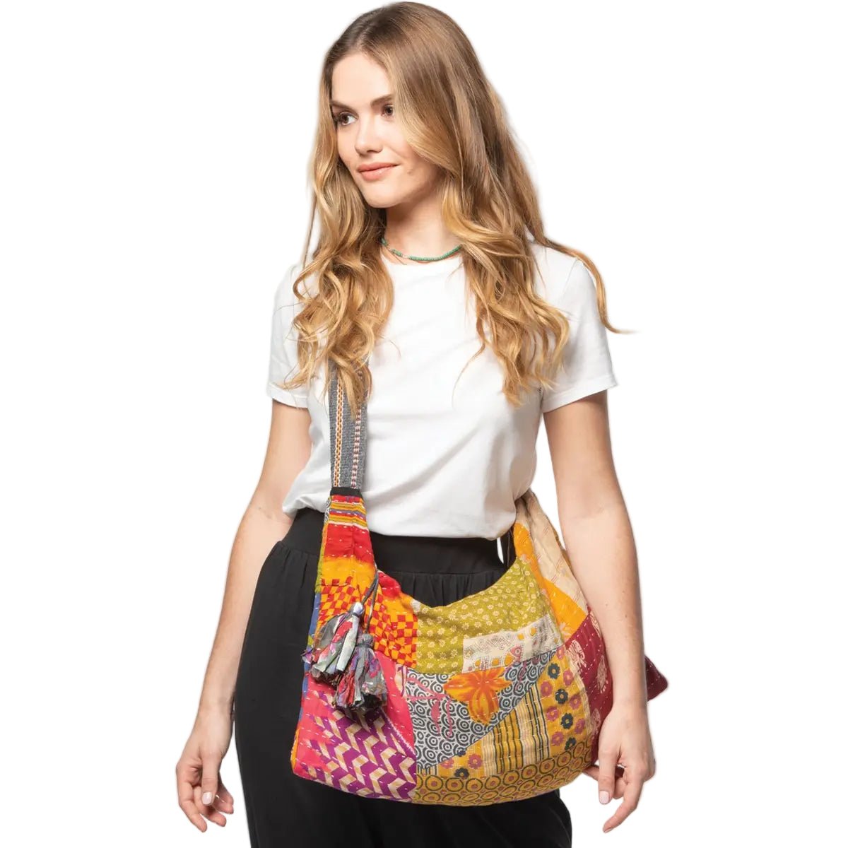 Handmade Kantha Patchwork Hobo Crossbody Bag | Upcycled Boho